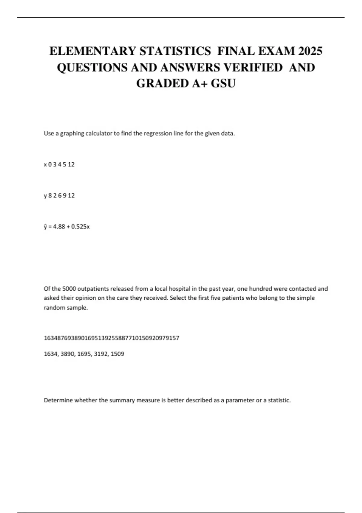 ELEMENTARY STATISTICS FINAL EXAM 2025 QUESTIONS AND ANSWERS VERIFIED ...