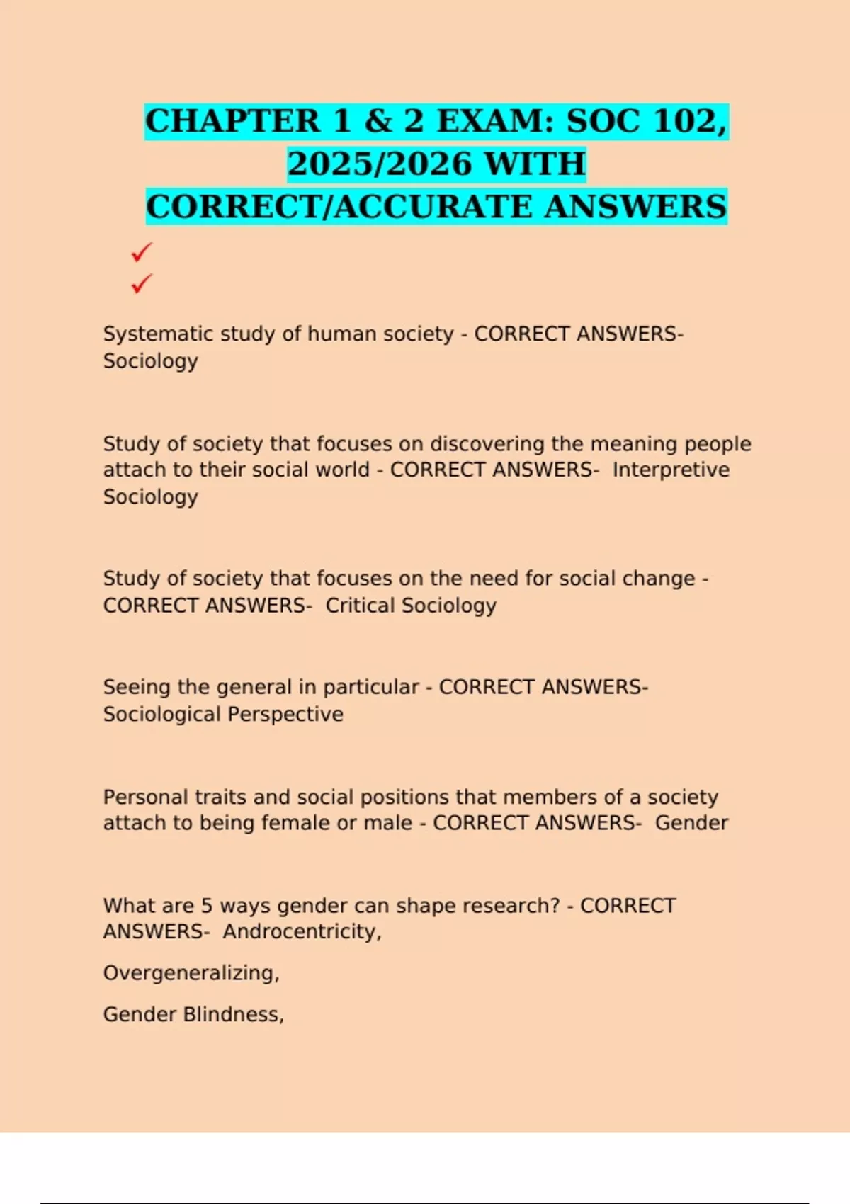 CHAPTER 1 & 2 EXAM: SOC 102, 2025/2026 WITH CORRECT/ACCURATE ANSWERS ...