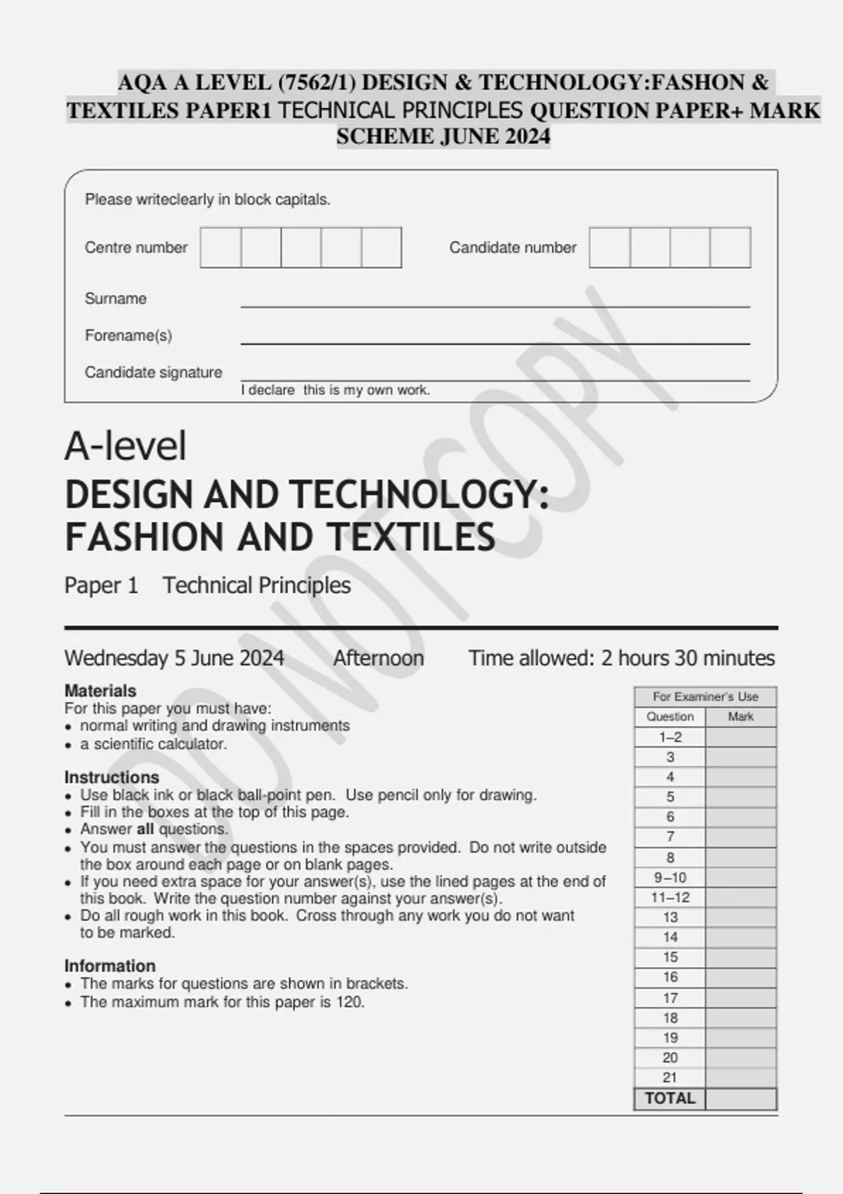 PACKAGE-AQA A LEVEL (7562) DESIGN & TECHNOLOGY:FASHON & TEXTILES PAPER1 ...