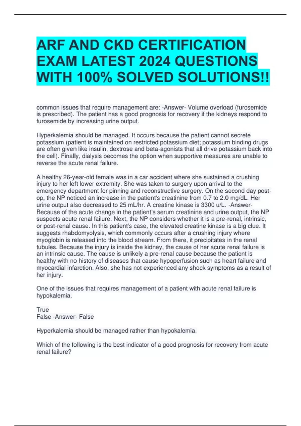 ARF AND CKD CERTIFICATION EXAM LATEST 2024 QUESTIONS WITH 100% SOLVED ...