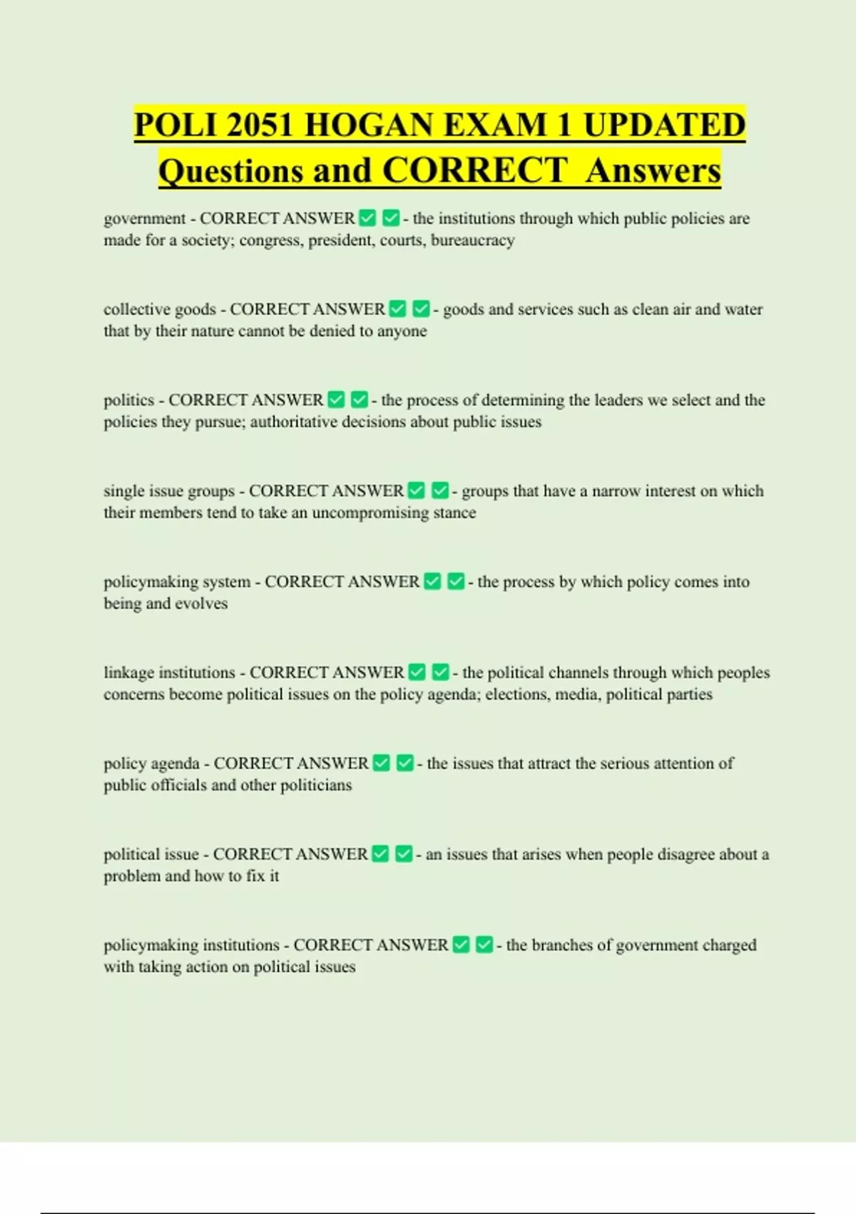 POLI 2051 HOGAN EXAM 1 UPDATED Questions and CORRECT Answers - POLI ...