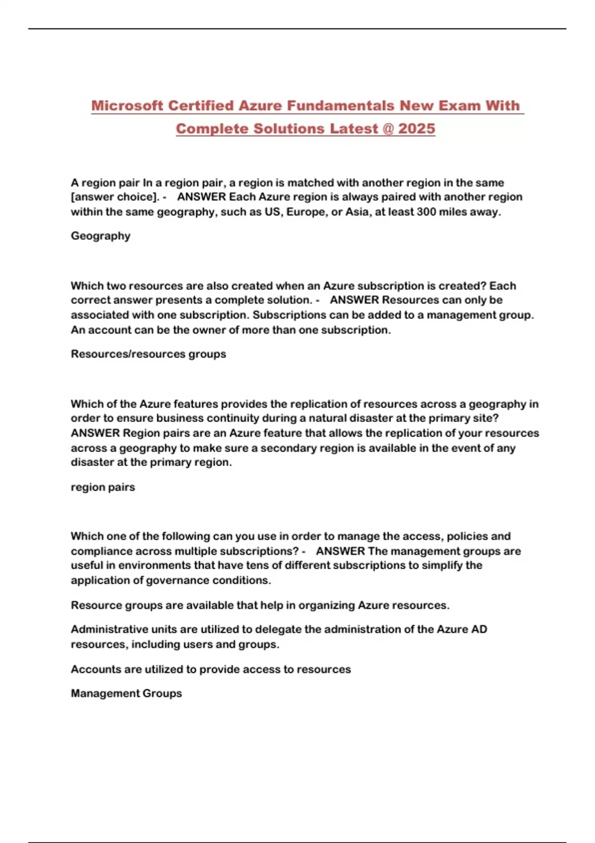 Microsoft Certified Azure Fundamentals New Exam With Complete Solutions ...