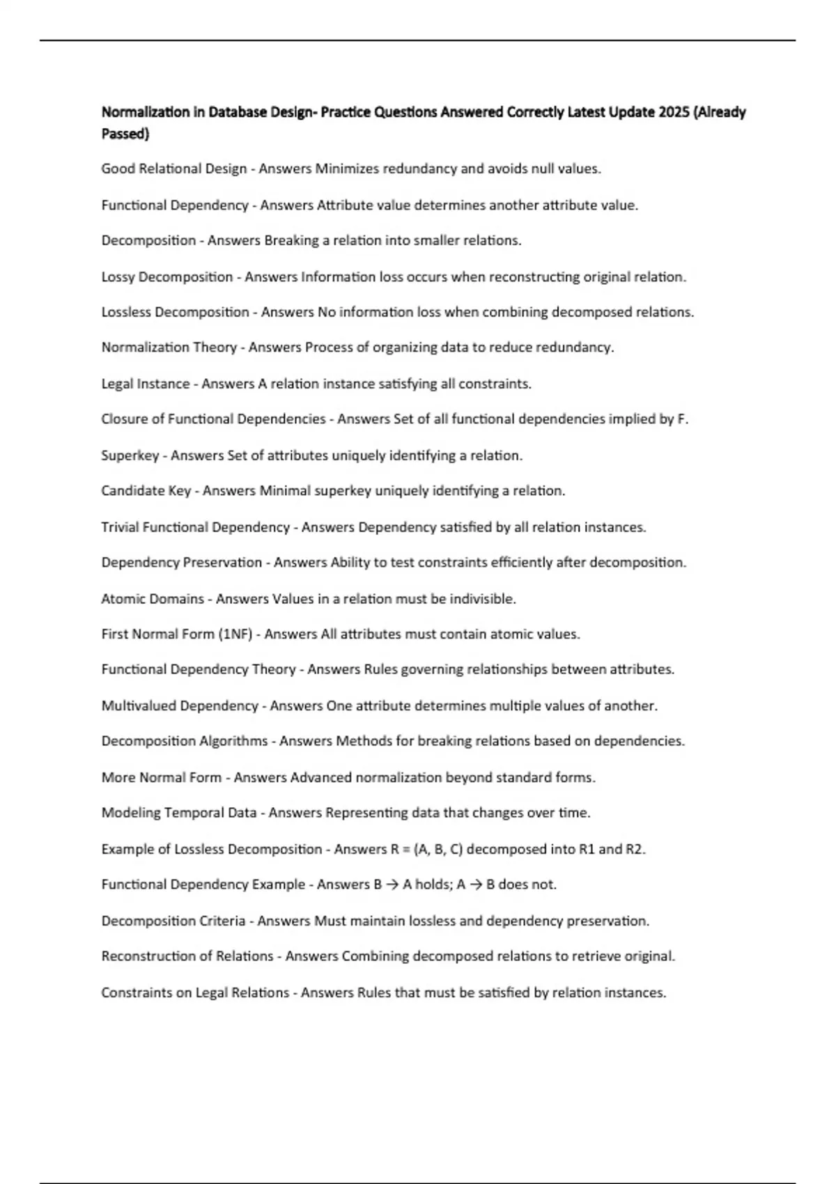 Normalization In Database Design Practice Questions Answered Correctly Latest Update 2025