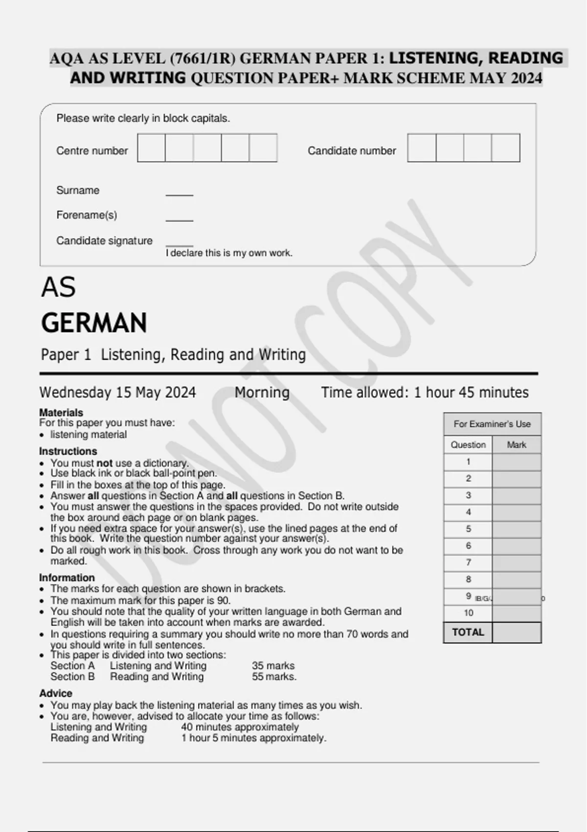 PACKAGE-AQA AS LEVEL (7661) GERMAN PAPER 1R & PAPER 2R QUESTION PAPER+ ...