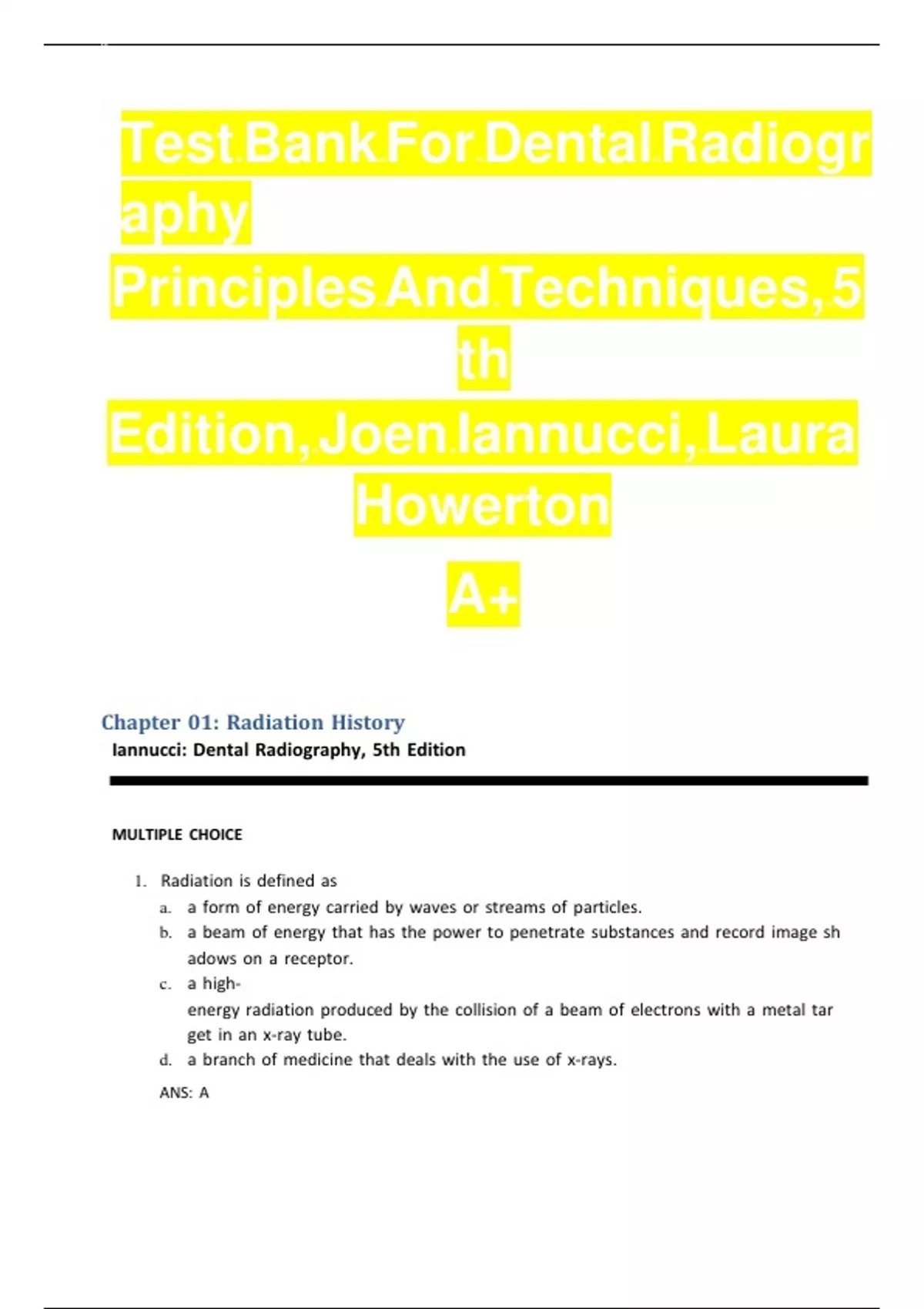 Test bank for dental radiography principles and techniques - Dental ...