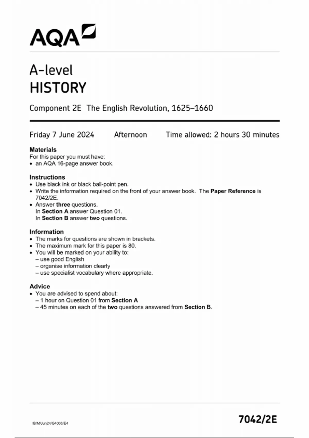 AQA A LEVEL HISTORY COMPONENT 2E QUESTION PAPER 2024 (7042/2E) - AQA A ...