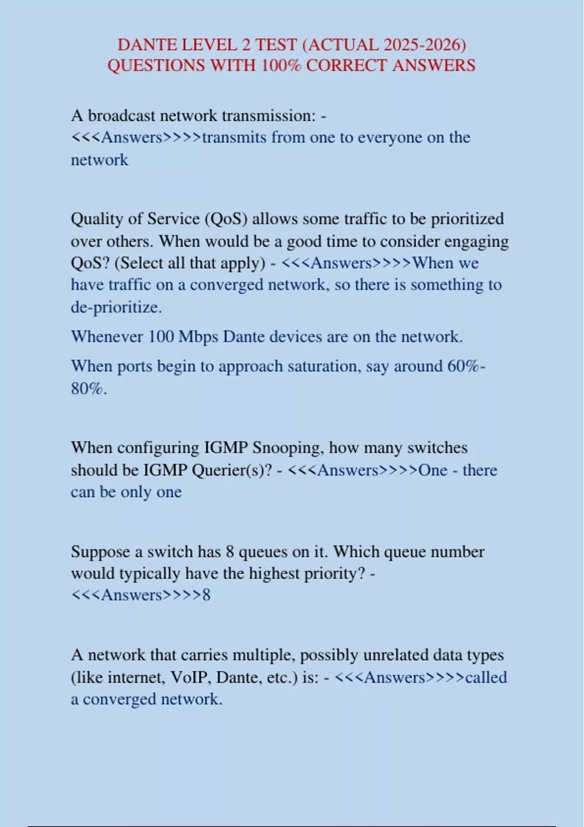 DANTE LEVEL 2 TEST (ACTUAL ) QUESTIONS WITH 100% CORRECT ANSWERS ...