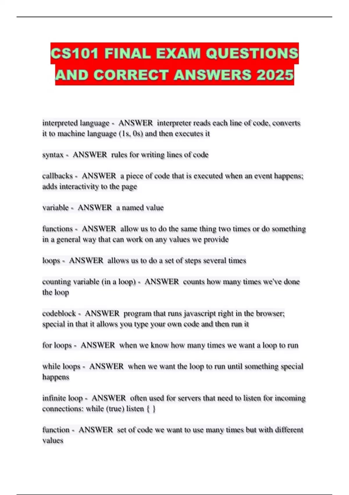 CS101 FINAL EXAM QUESTIONS AND CORRECT ANSWERS 2025 - CS101 - Stuvia US