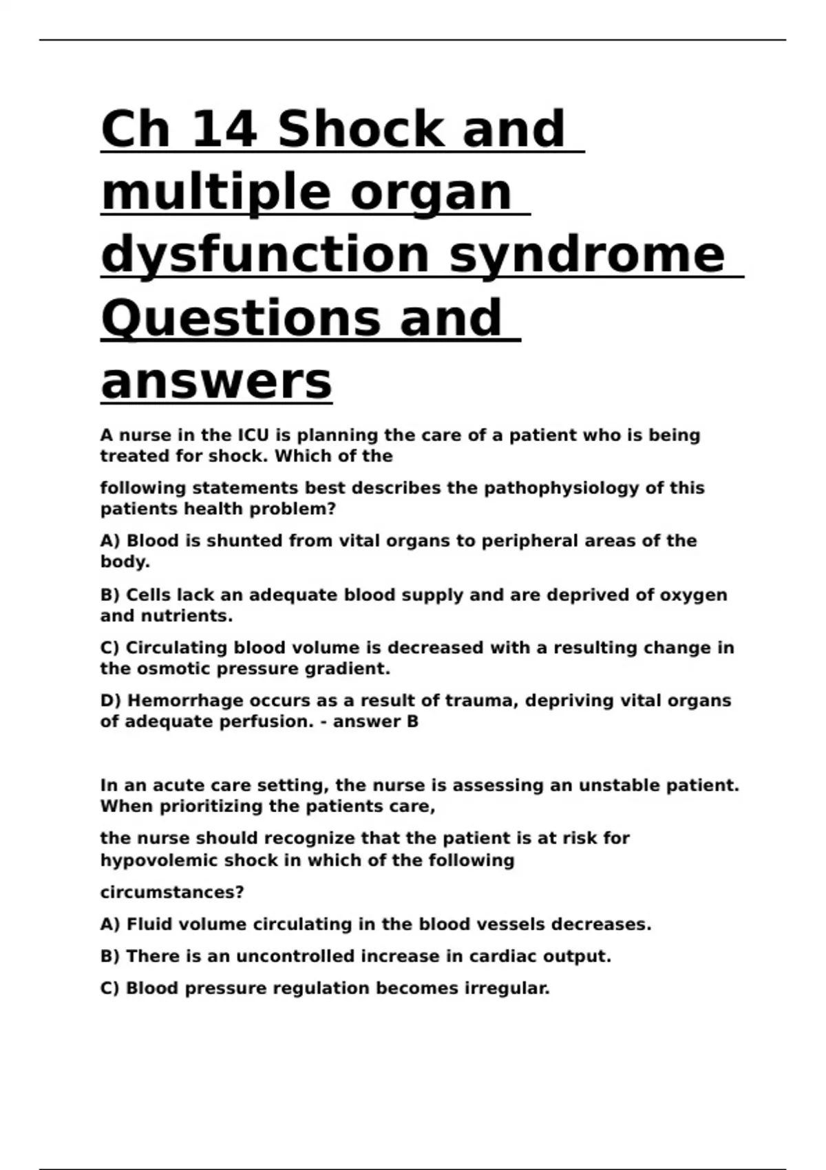 Ch 14 Shock and multiple organ dysfunction syndrome Questions and answers - Management of ...