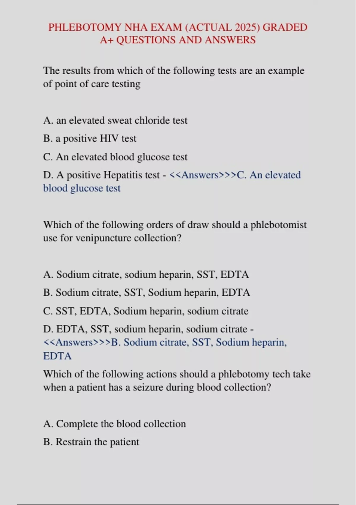 PHLEBOTOMY NHA EXAM (ACTUAL 2025/2026) GRADED A+ QUESTIONS AND ANSWERS ...