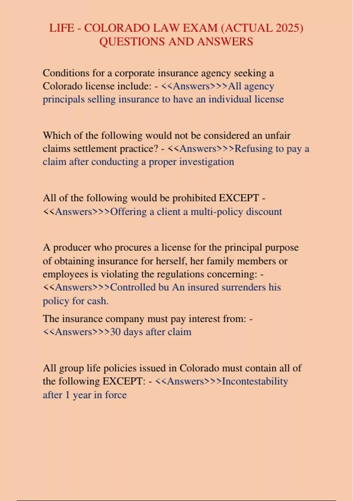 LIFE - COLORADO LAW EXAM (ACTUAL 2025) QUESTIONS AND ANSWERS - LIFE ...