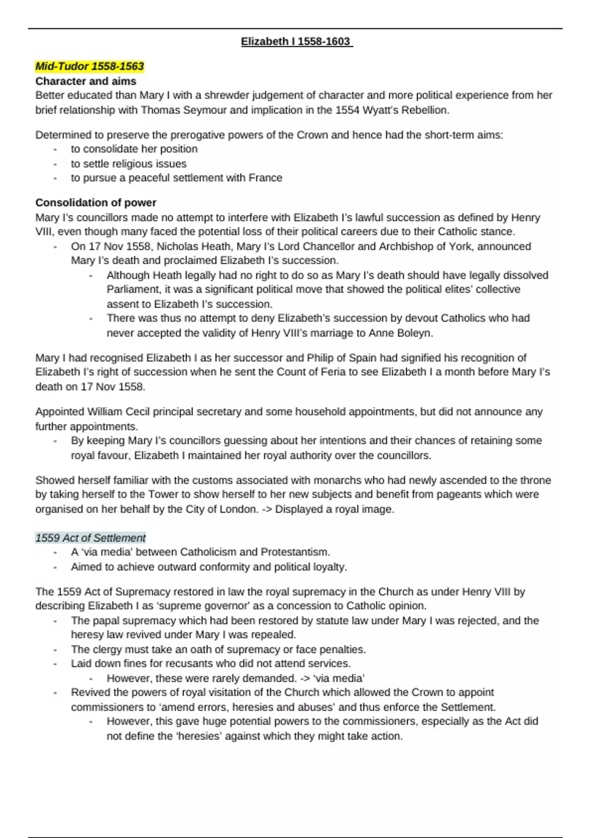 Detailed Summary of AQA A Level Elizabeth I - Breadth study - Stuvia UK