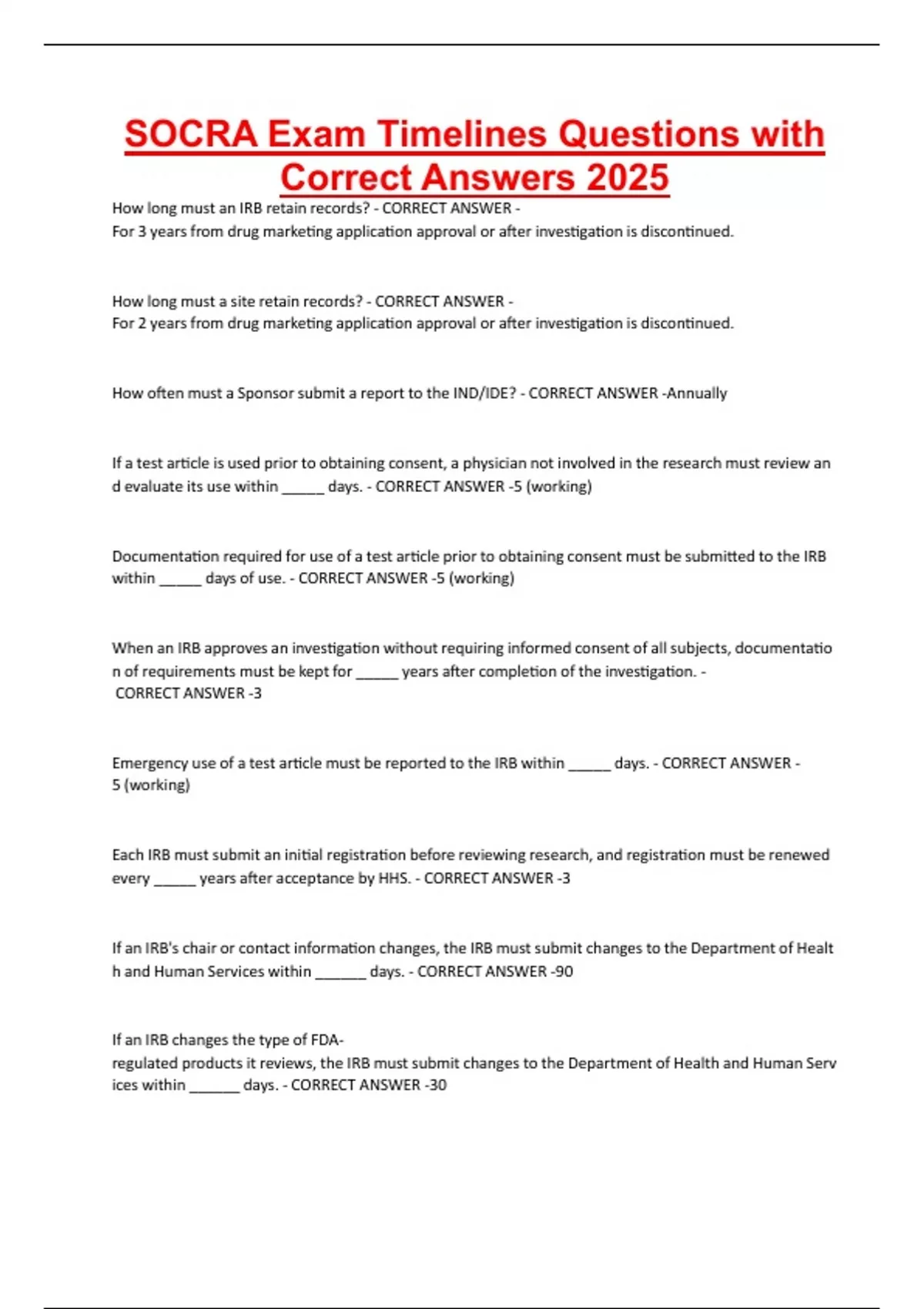 SOCRA Exam Timelines Questions with Correct Answers 2025 - SOCRA ...