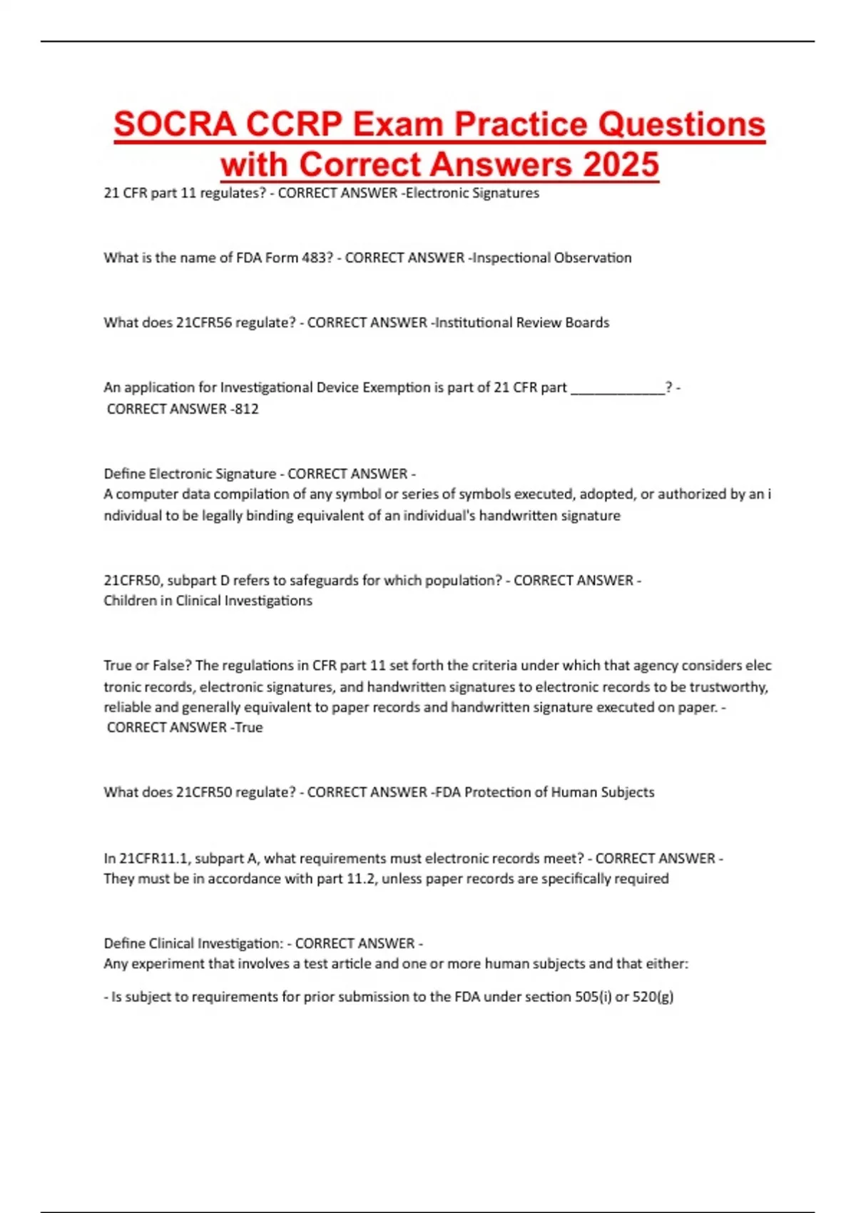 SOCRA CCRP Exam Practice Questions with Correct Answers 2025 - SOCRA ...