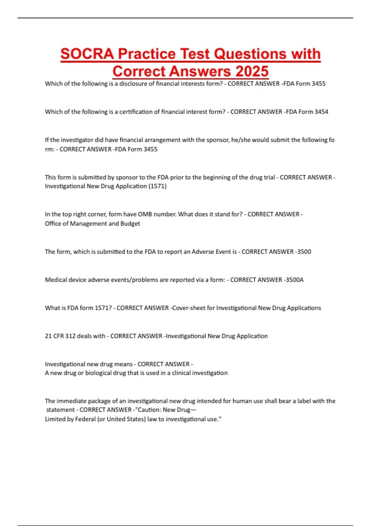 SOCRA Practice Test Questions with Correct Answers 2025 - SOCRA - Stuvia US