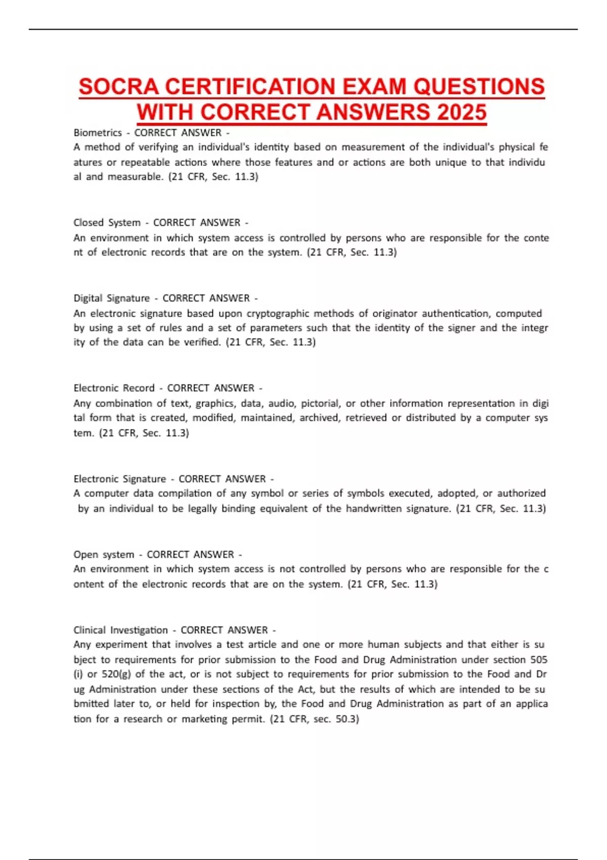 SOCRA CERTIFICATION EXAM QUESTIONS WITH CORRECT ANSWERS 2025 - SOCRA ...