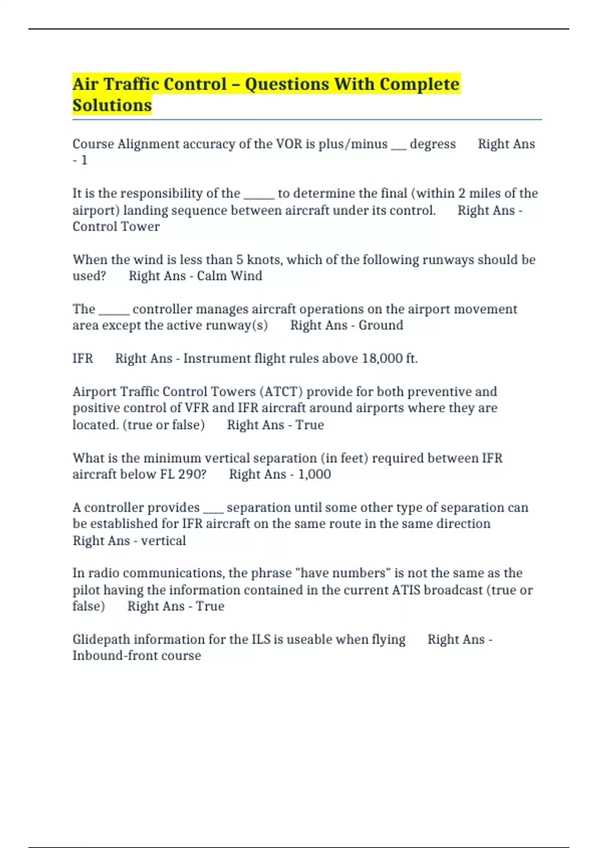 Air Traffic Control – Questions With Complete Solutions - Traffic ...