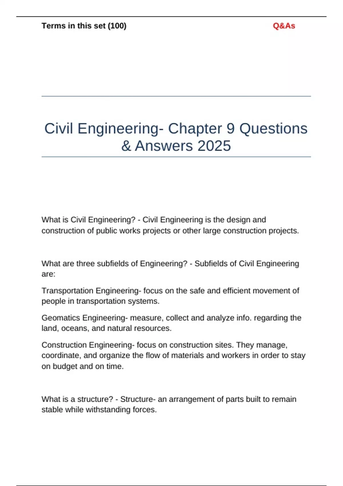 Civil Engineering- Chapter 9 Questions & Answers 2025 - Civil engg - Stuvia