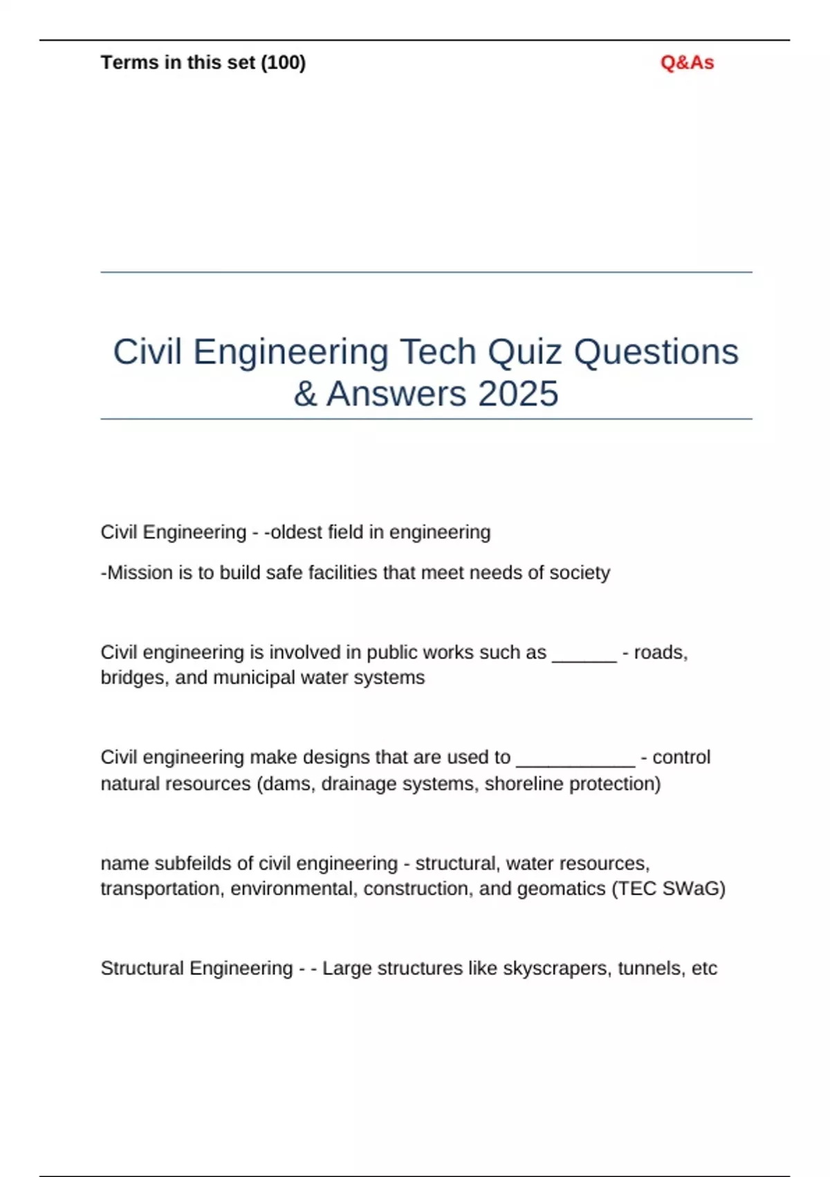 Civil Engineering Tech Quiz Questions & Answers 2025 - Civil engg - Stuvia