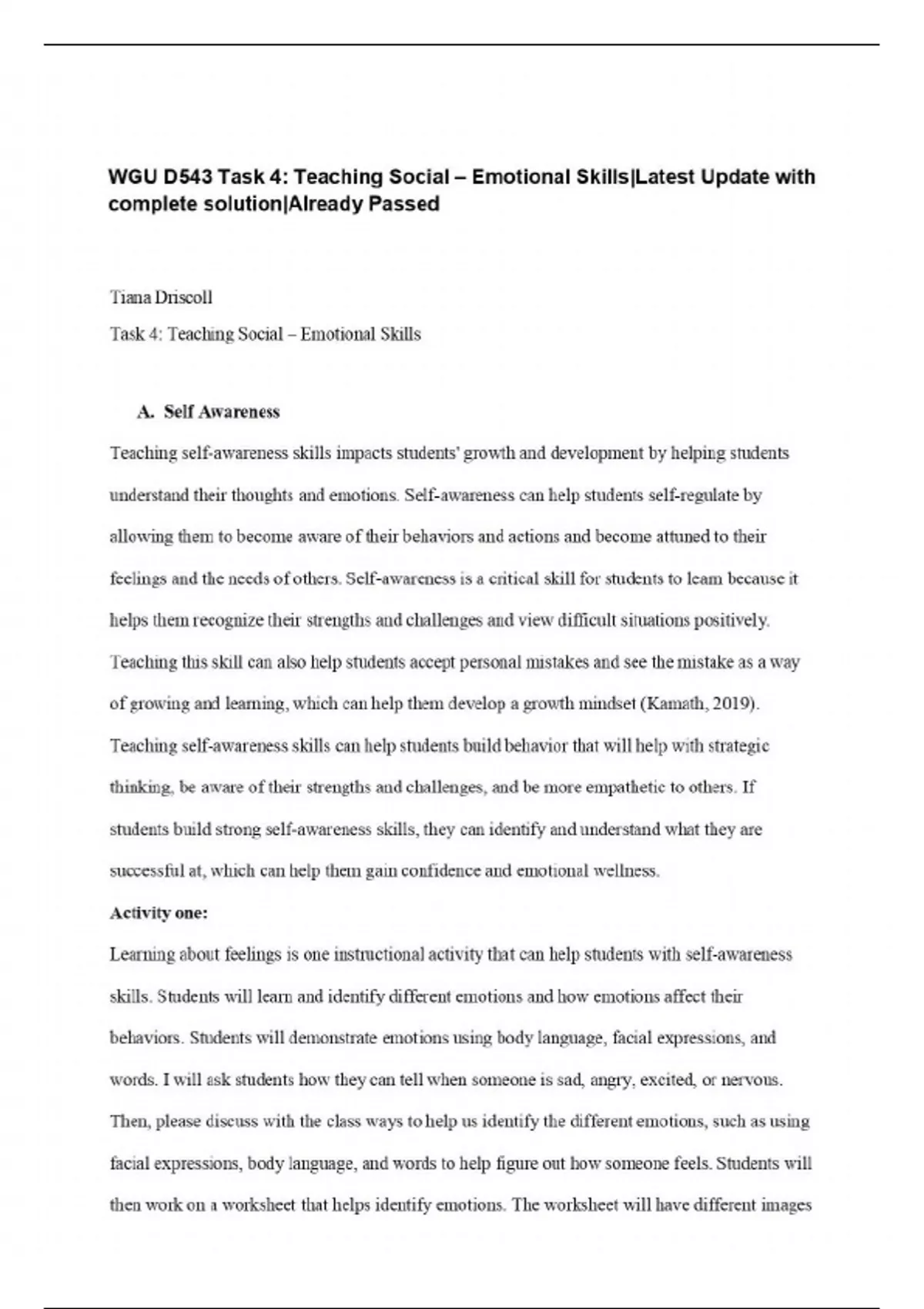 WGU D543 Task 4: Teaching Social – Emotional Skills|Latest Update with ...