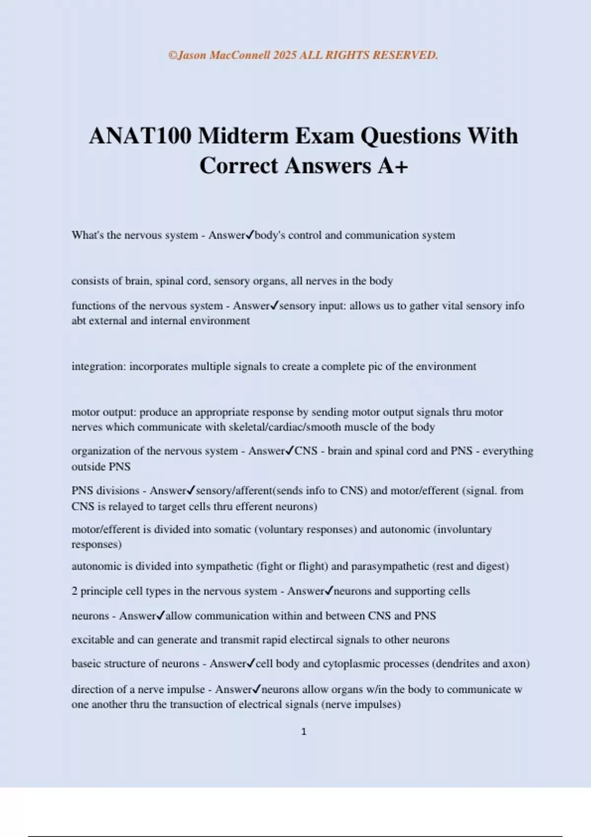 ANAT100 Midterm Exam Questions With Correct Answers A+ - ANAT 100 - Stuvia US