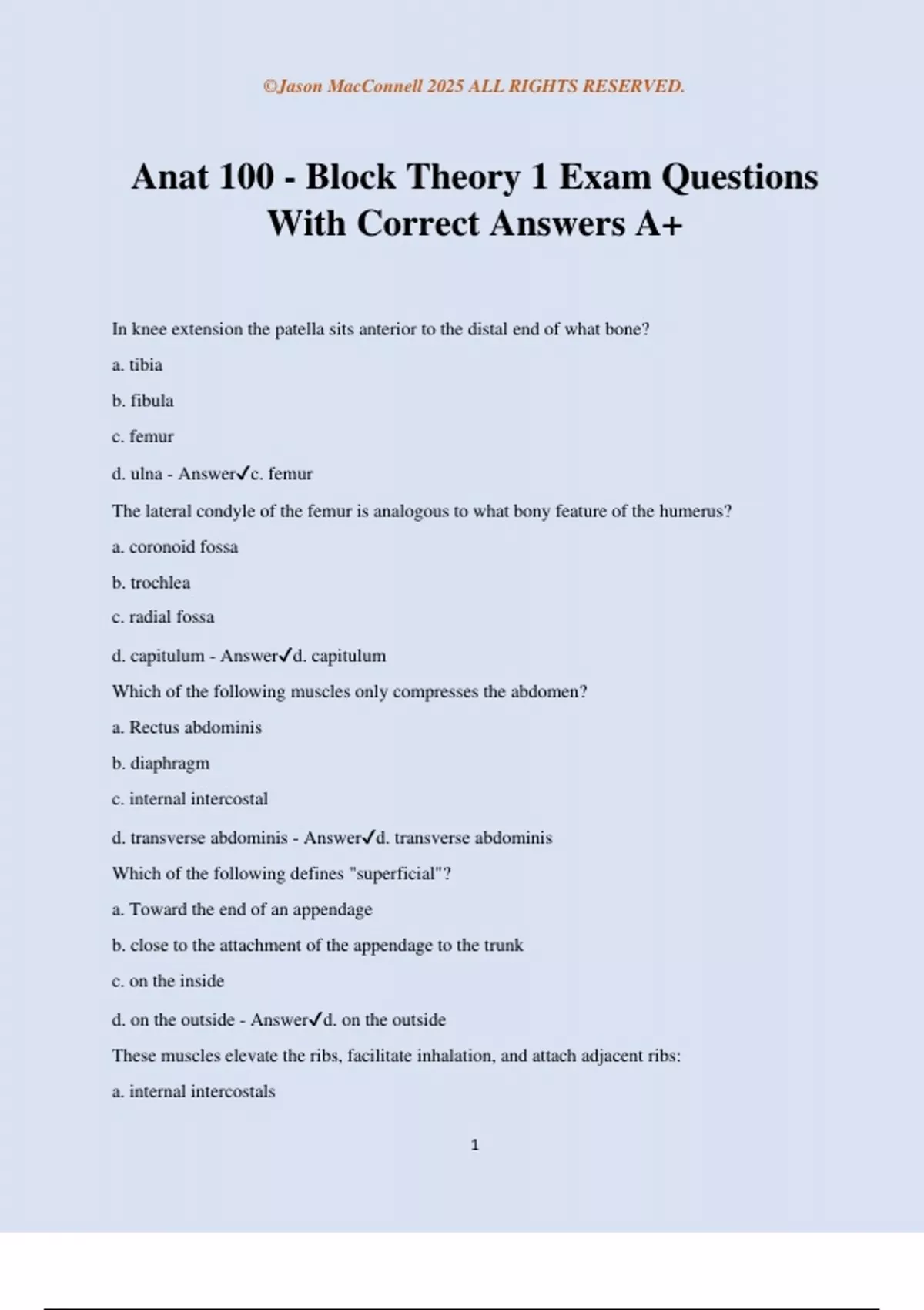 Anat 100 - Block Theory 1 Exam Questions With Correct Answers A+ - ANAT 100 - Stuvia US