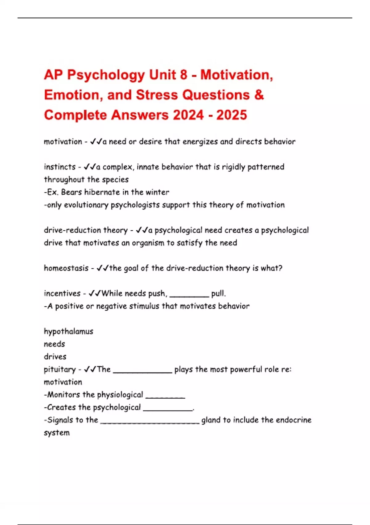 AP Psychology Unit 8 - Motivation, Emotion, and Stress Questions ...