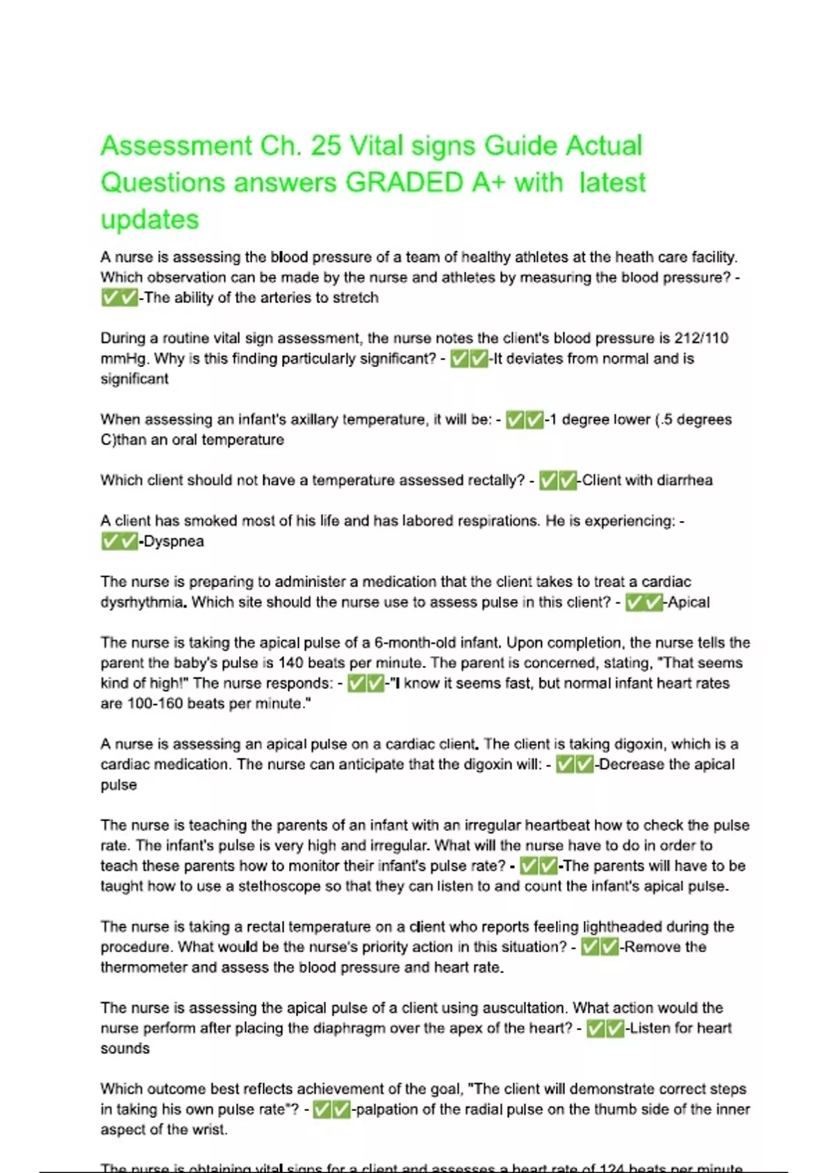 Assessment Ch. 25 Vital signs Guide Actual Questions answers GRADED A+ ...