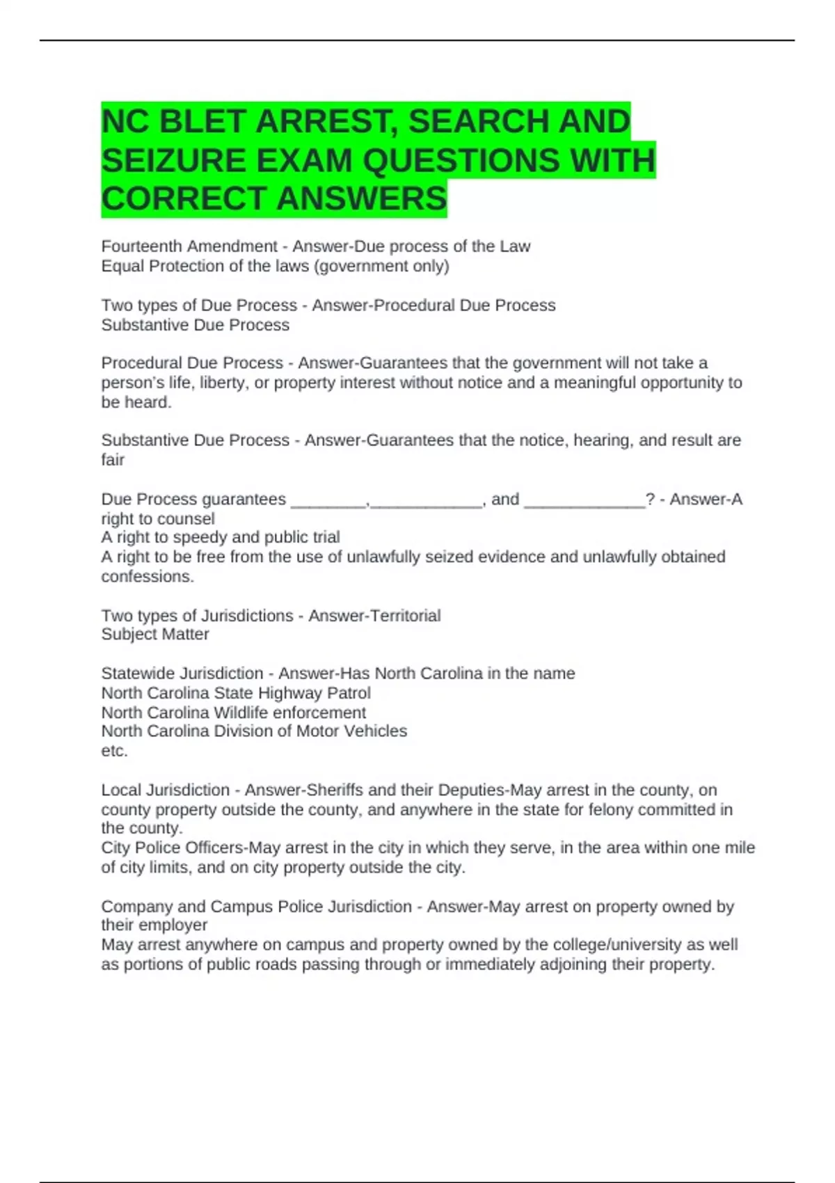 NC BLET ARREST, SEARCH AND SEIZURE EXAM QUESTIONS WITH CORRECT ANSWERS ...