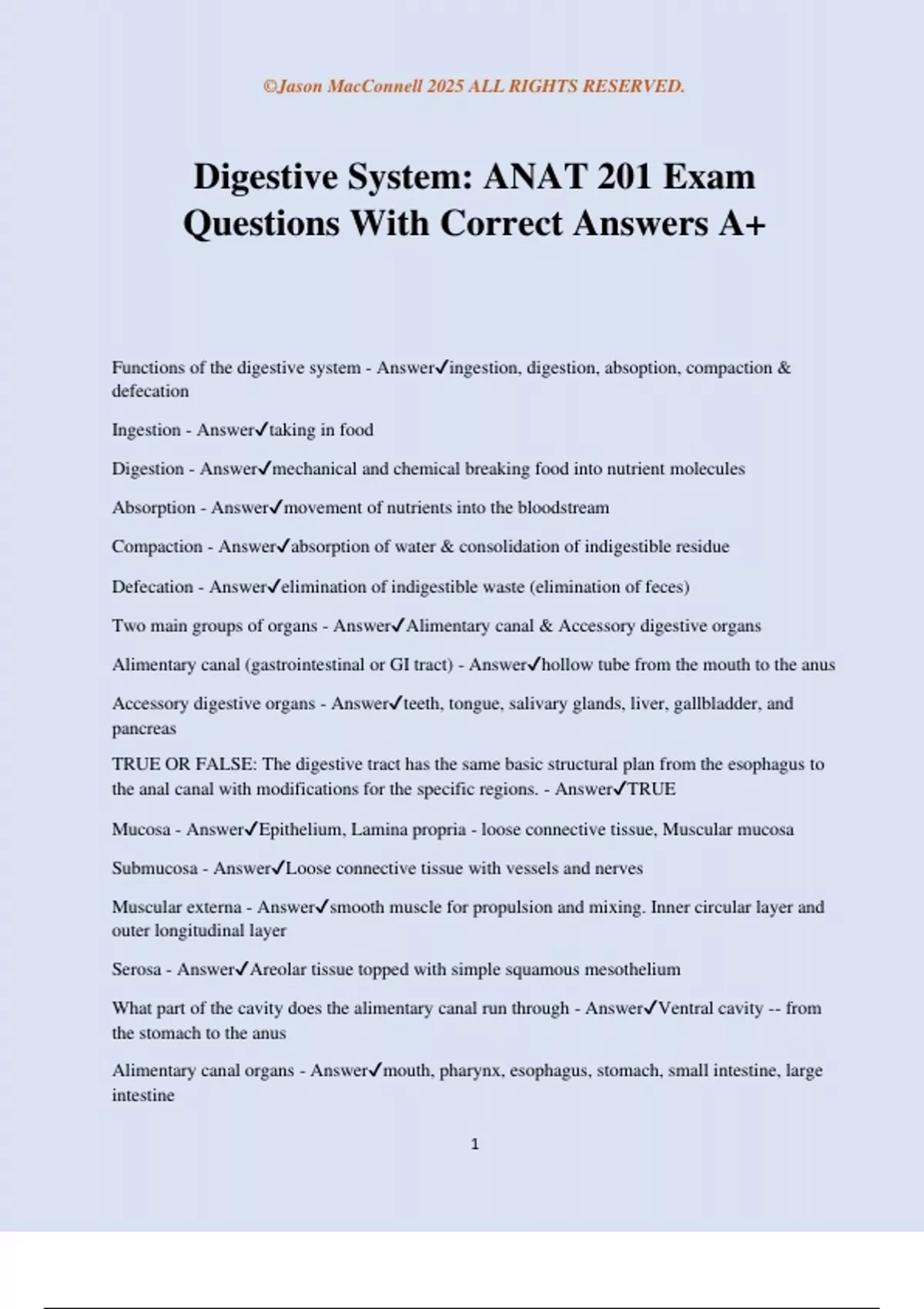 Digestive System: ANAT 201 Exam Questions With Correct Answers A+ - ANAT 201 - Stuvia US