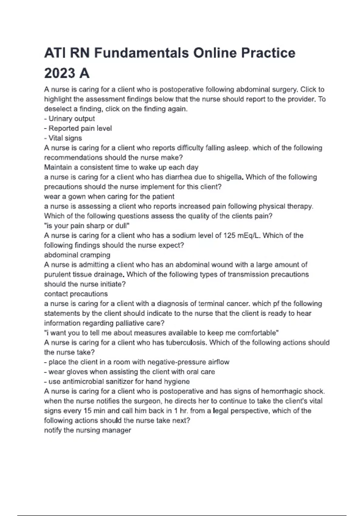 ATI RN Fundamentals Online Practice 2023 A exam Questions & answers ...