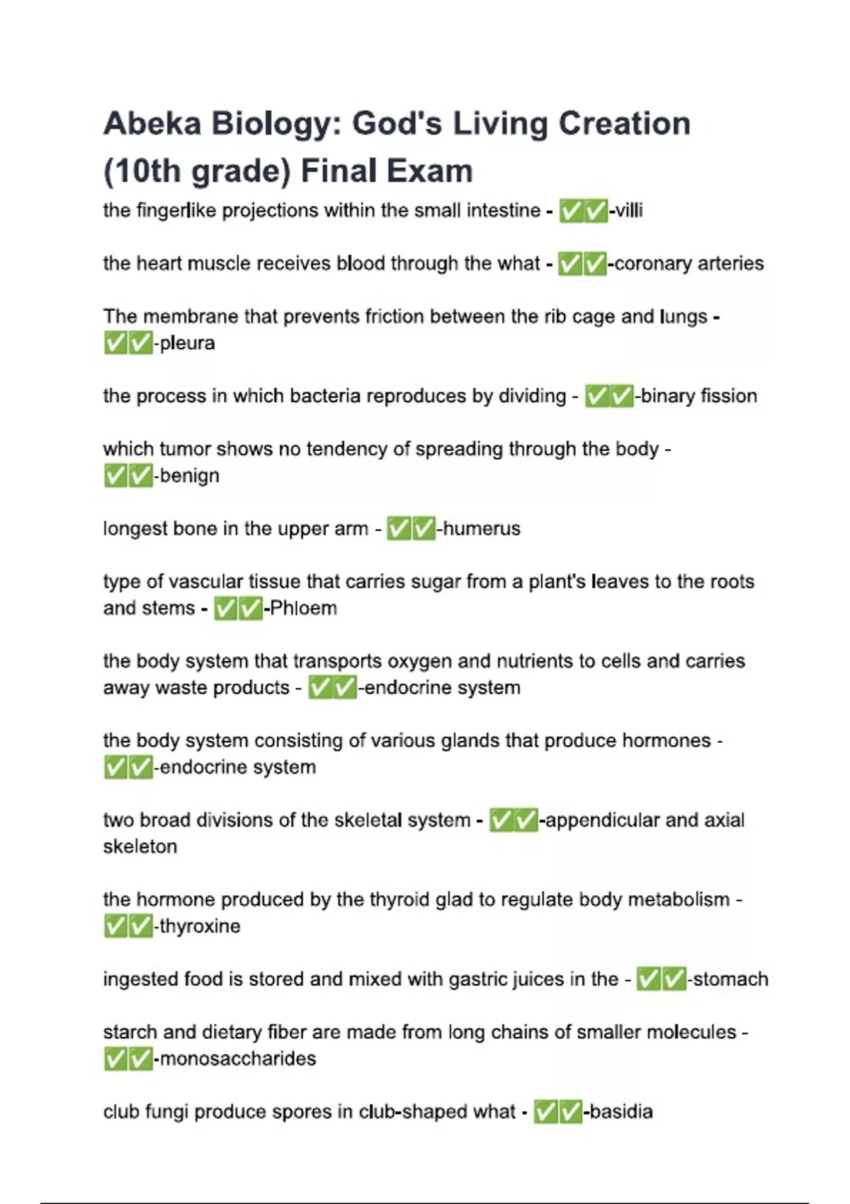 Abeka Biology_ God-s Living Creation (10th grade) Final Exam Review ...
