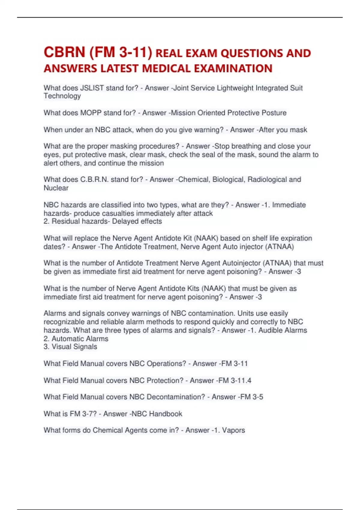 CBRN (FM 3-11) REAL EXAM QUESTIONS AND ANSWERS LATEST MEDICAL ...