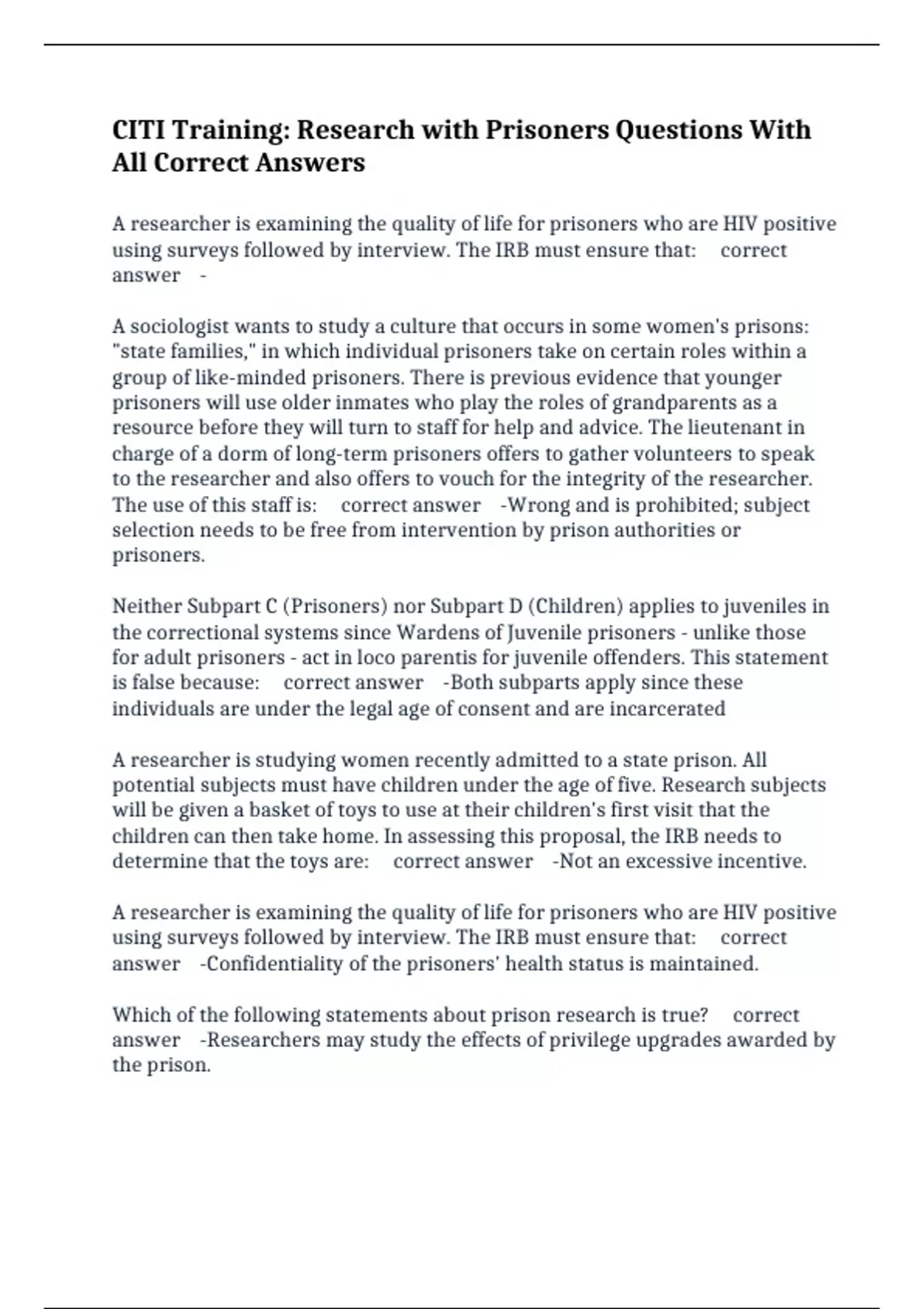 CITI Training: Research with Prisoners Questions With All Correct ...
