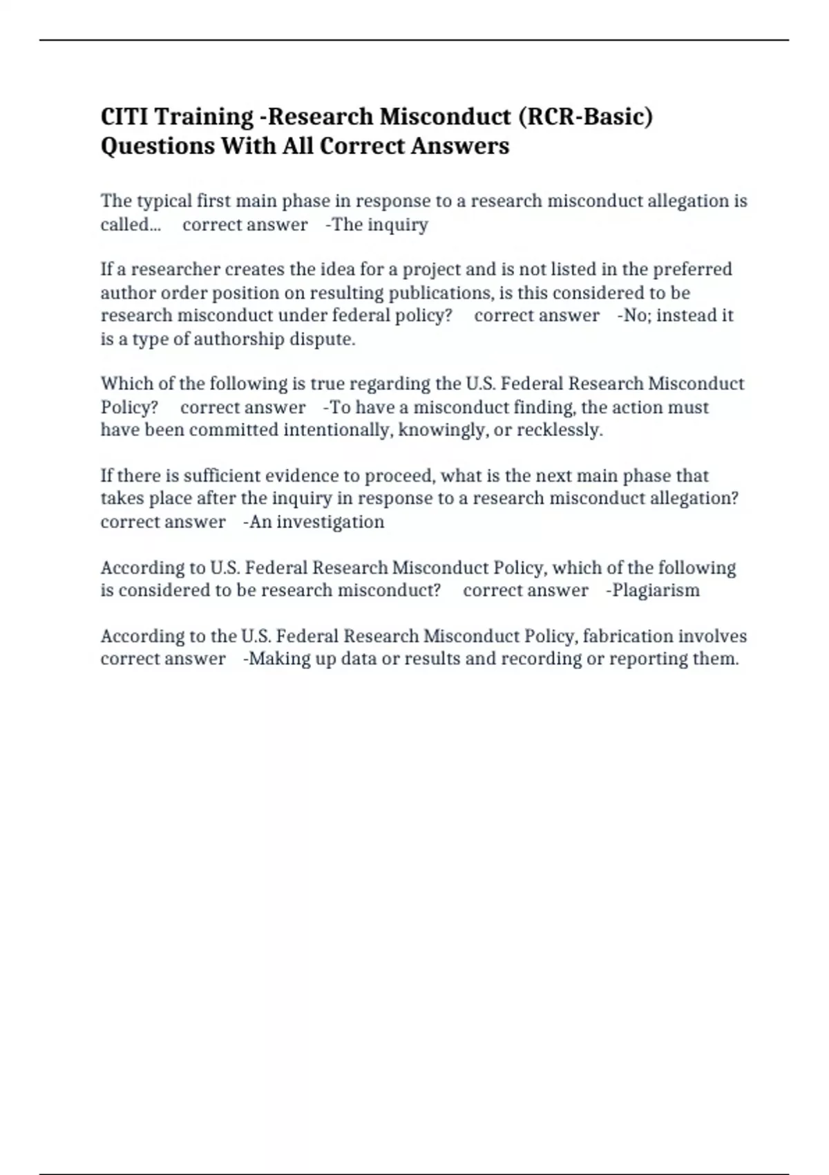 CITI Training -Research Misconduct (RCR-Basic) Questions With All Correct Answers - CITI ...