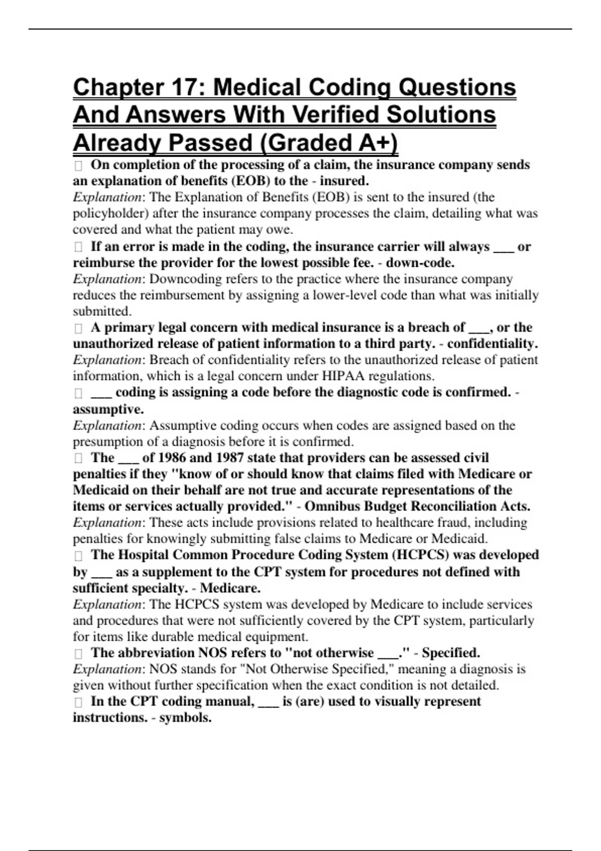 Chapter 17: Medical Coding Questions And Answers With Verified ...