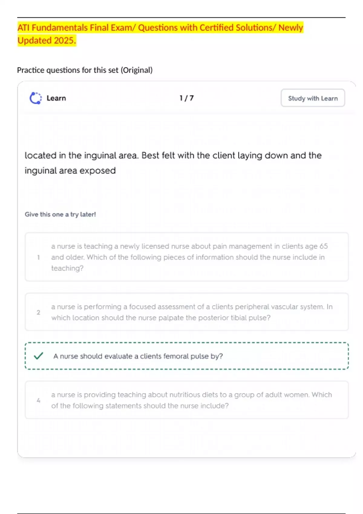 ATI Fundamentals Final Exam/ Questions with Certified Solutions/ Newly ...