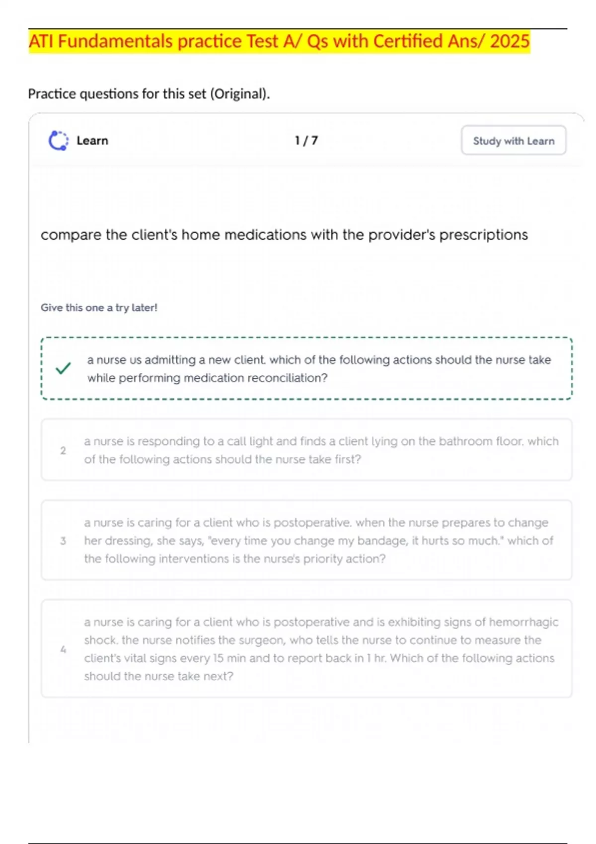 ATI Fundamentals practice Test A/ Qs with Certified Ans/ 2025 - ATI ...