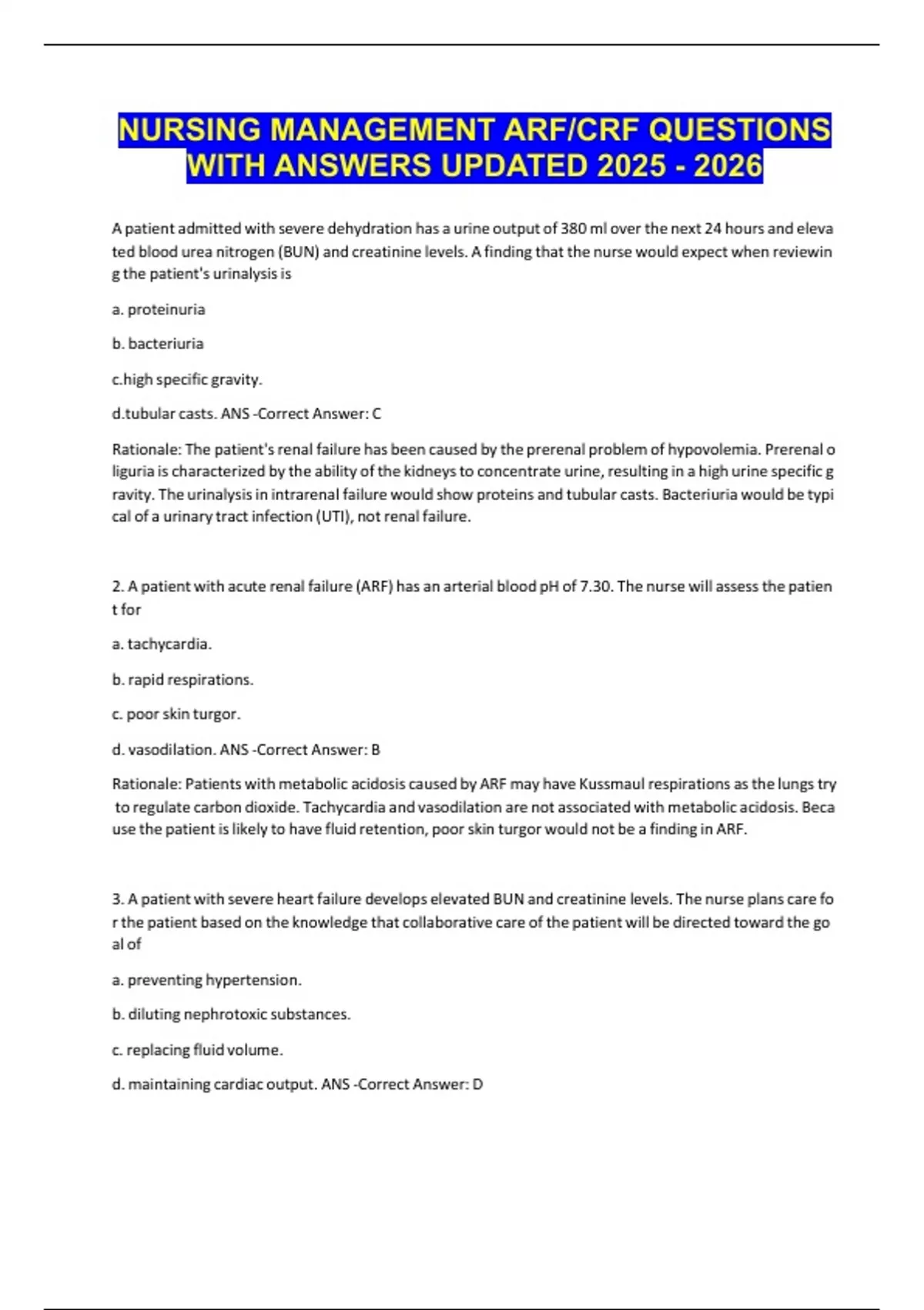 NURSING MANAGEMENT ARF -CRF QUESTIONS WITH ANSWERS UPDATED - Arf - Stuvia US
