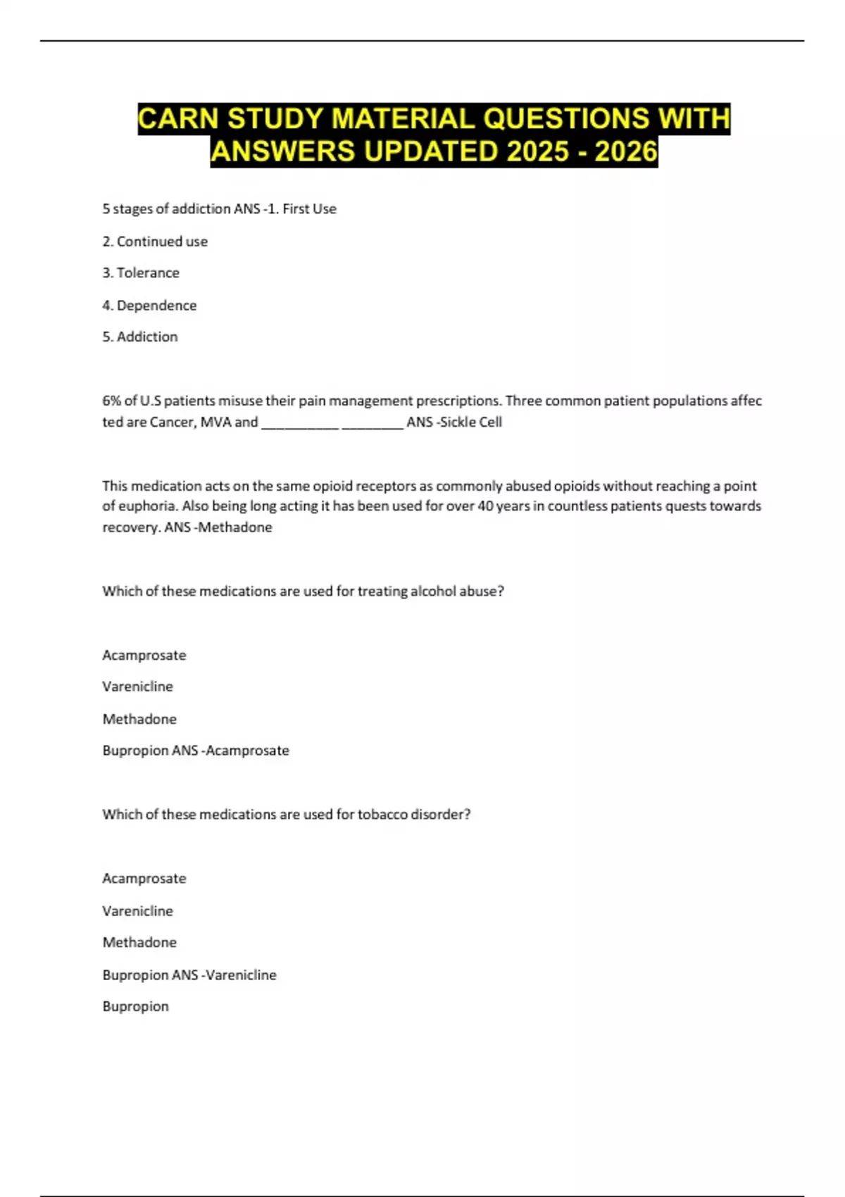 CARN STUDY MATERIAL PACKAGE DEAL UPDATED QUESTIONS & ANSWERS SOLVED 100 ...
