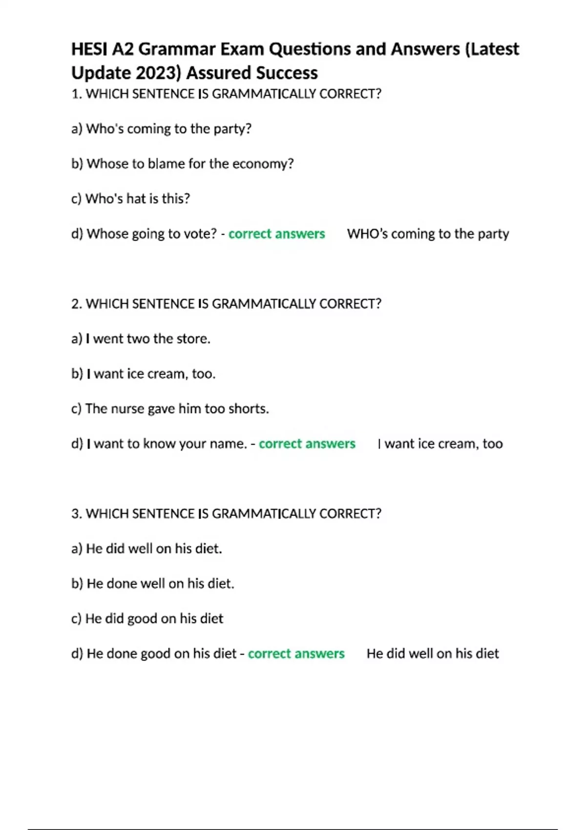 HESI A2 Grammar Exam Questions and Answers (Latest Update 2023) Assured ...