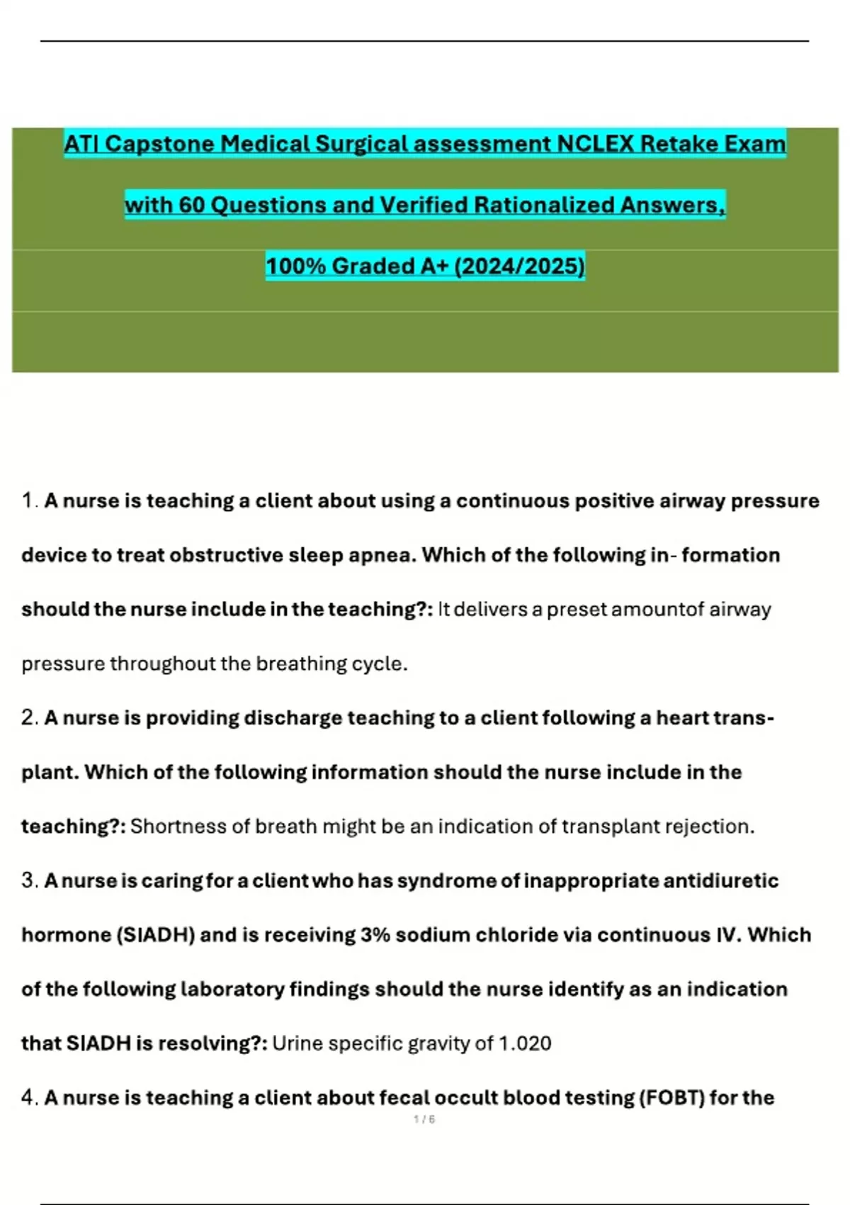 ATI Capstone Medical Surgical assessment NCLEX Retake 1 Exam with 60 ...