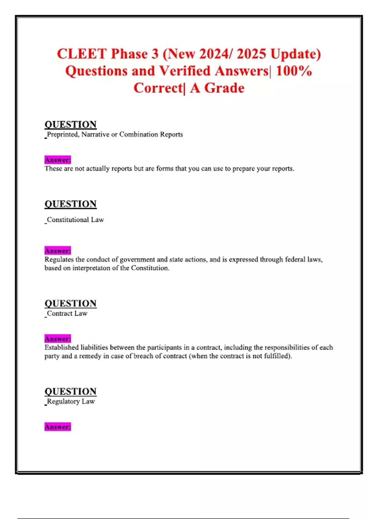 CLEET Phase 3 Questions with 100% Correct Answers | Verified | Latest ...