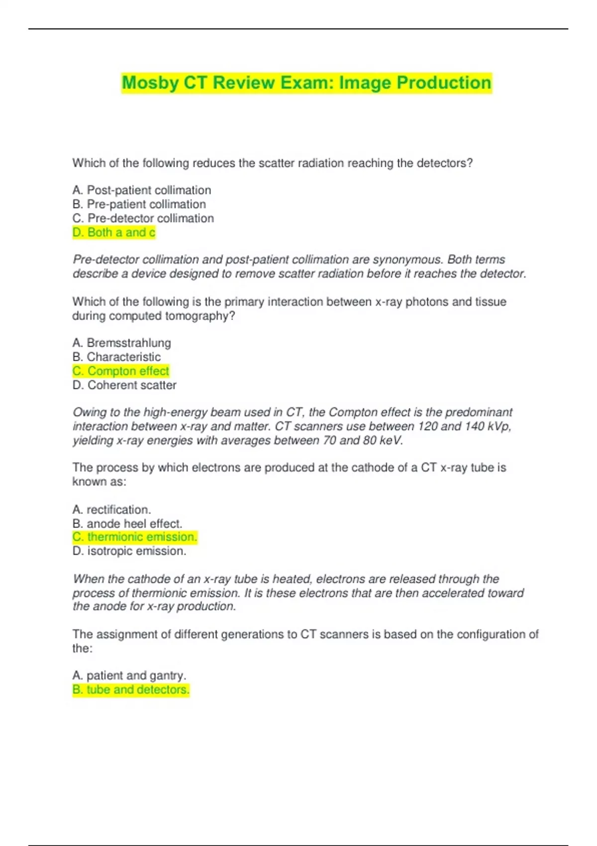 Mosby CT Review Exam: Image Production | Complete Solutions (Answered ...