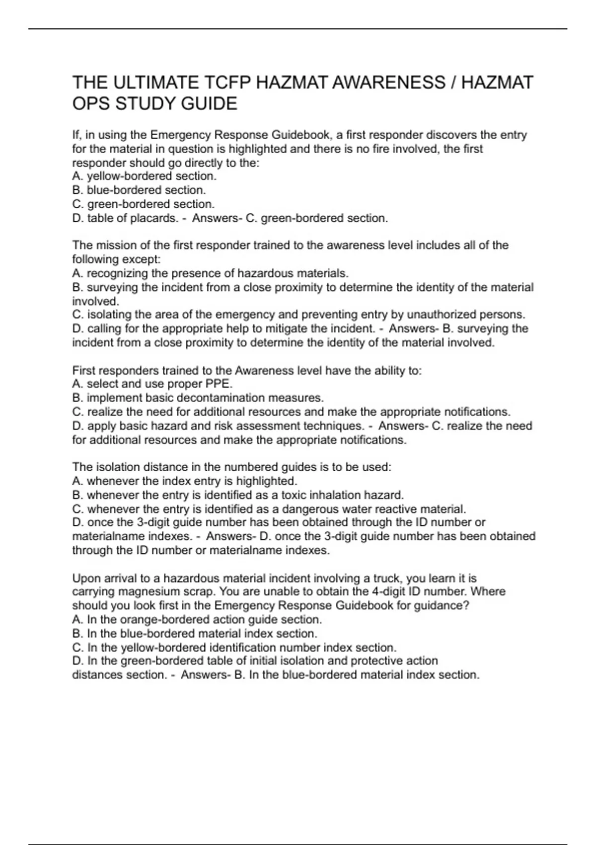 THE ULTIMATE TCFP HAZMAT AWARENESS - HAZMAT OPS STUDY GUIDE - HAZMAT TCFP - Stuvia US