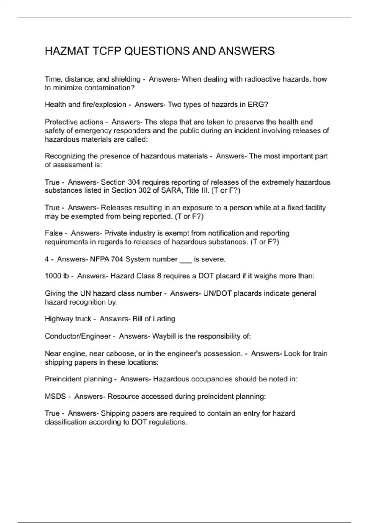 HAZMAT TCFP QUESTIONS AND ANSWERS - HAZMAT TCFP - Stuvia UK