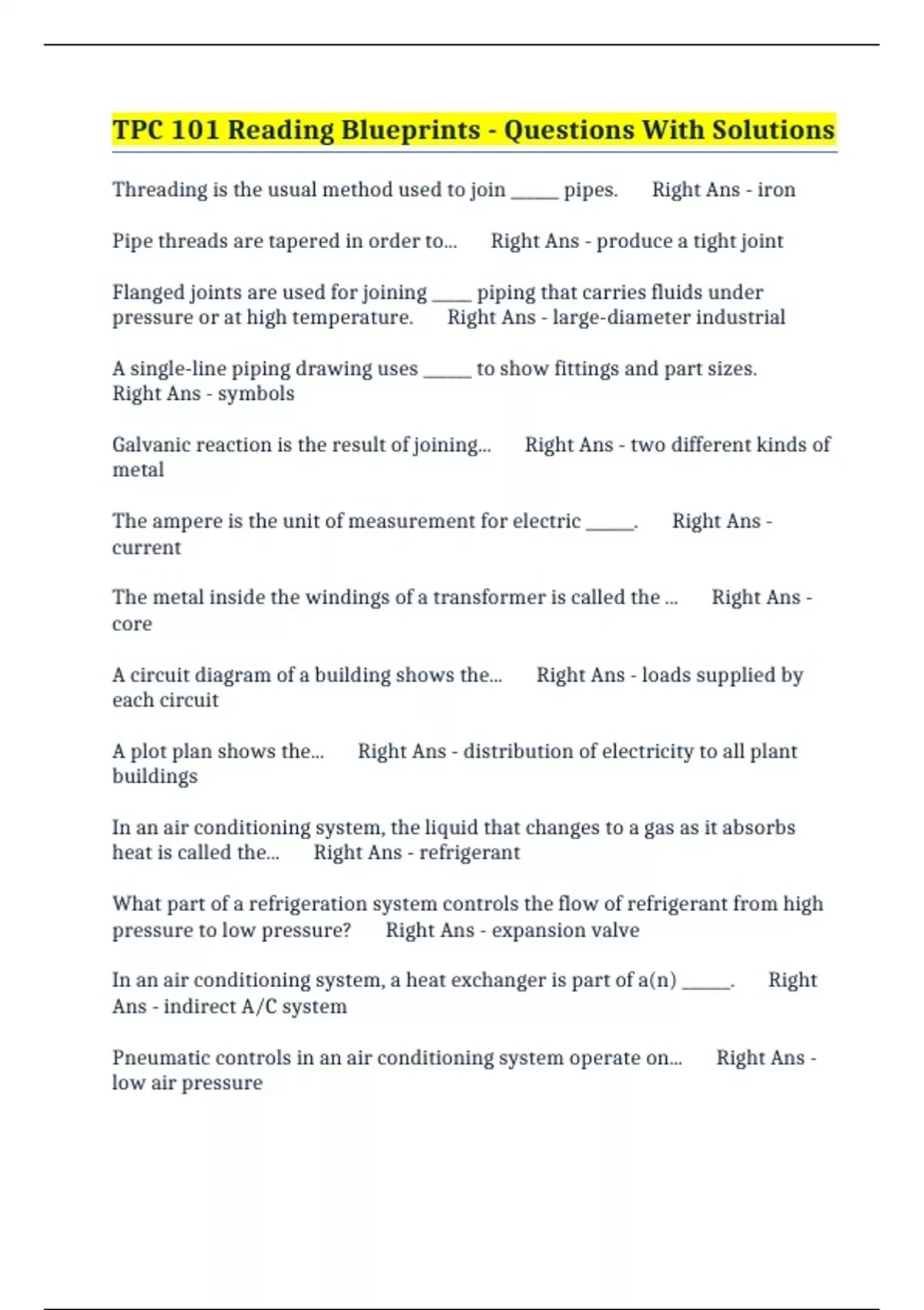 TPC 101 Reading Blueprints - Questions With Solutions - TPC - Stuvia US