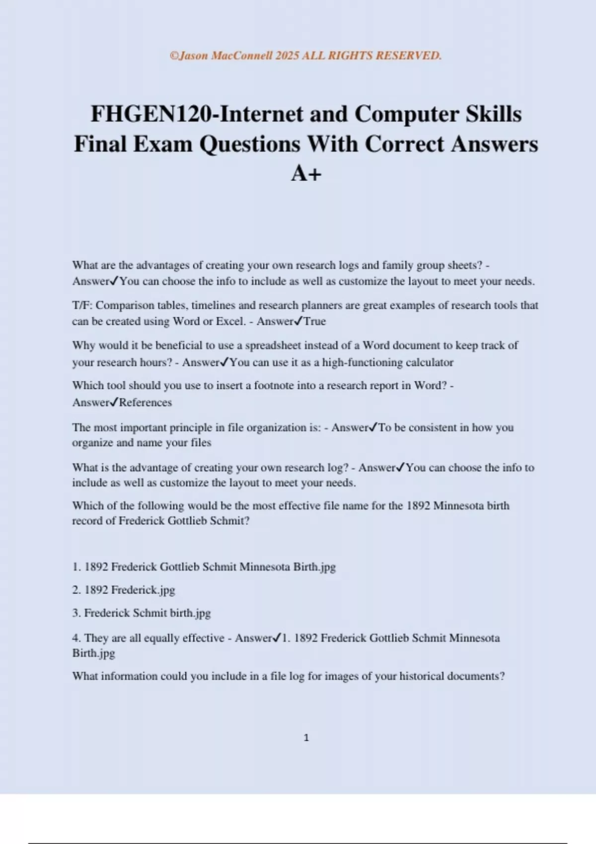 FHGEN120-Internet and Computer Skills Final Exam Questions With Correct ...