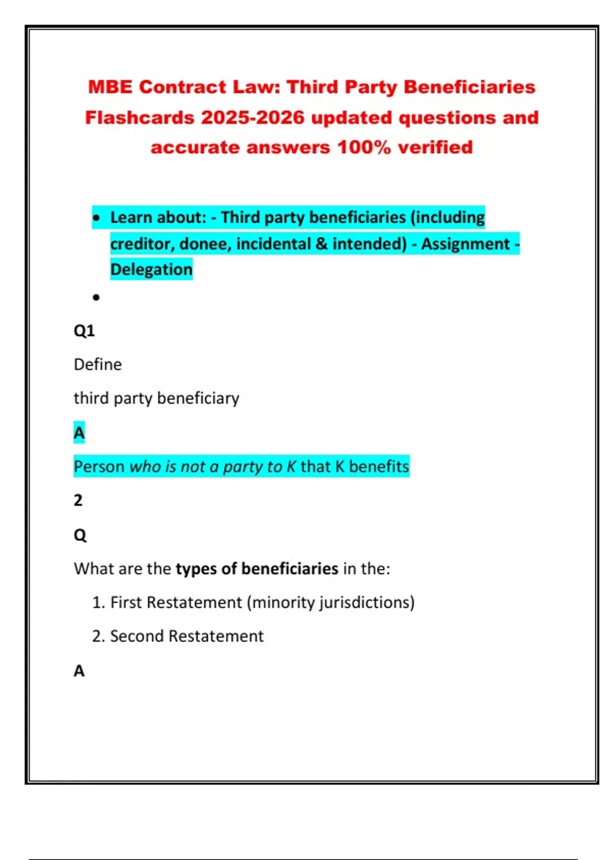 MBE Contract Law: Third Party Beneficiaries Flashcards updated ...