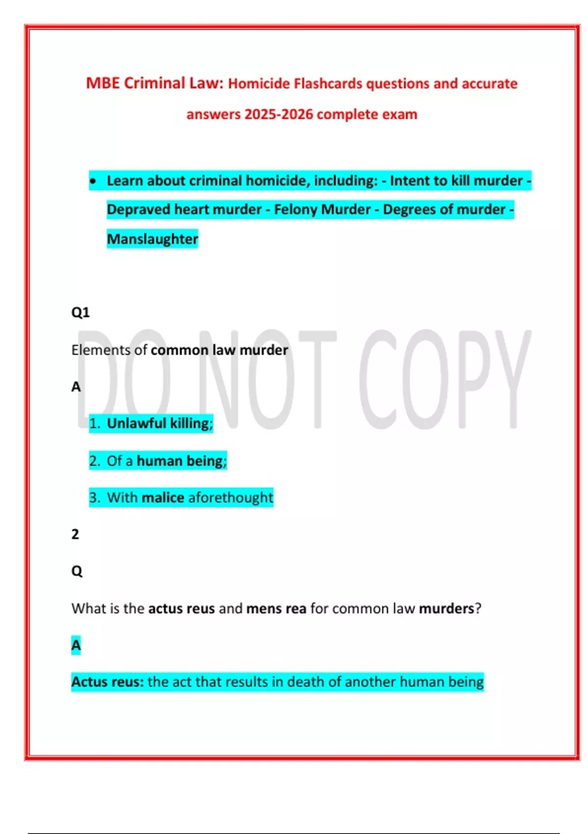 MBE Criminal Law: Homicide Flashcards questions and accurate answers complete exam Learn about ...